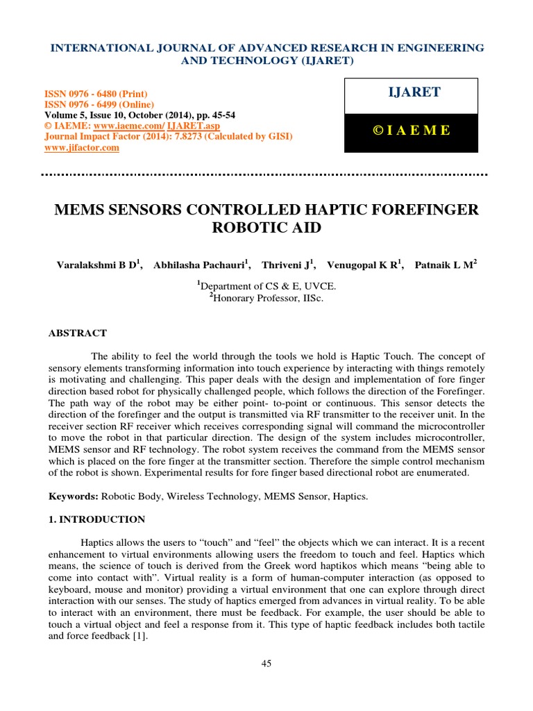 Mems Sensors Controlled Haptic Forefinger Robotic Aid | PDF | Senses ...