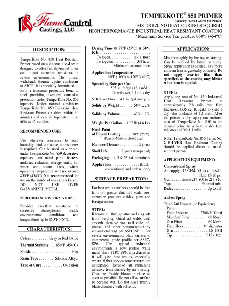 PD - TemperKote 850 Primer | PDF | Corrosion | Gallon