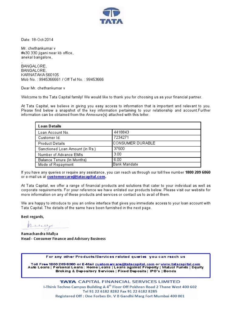 Welcome Letter Tata Capital Loan Details | PDF | Loans | Password