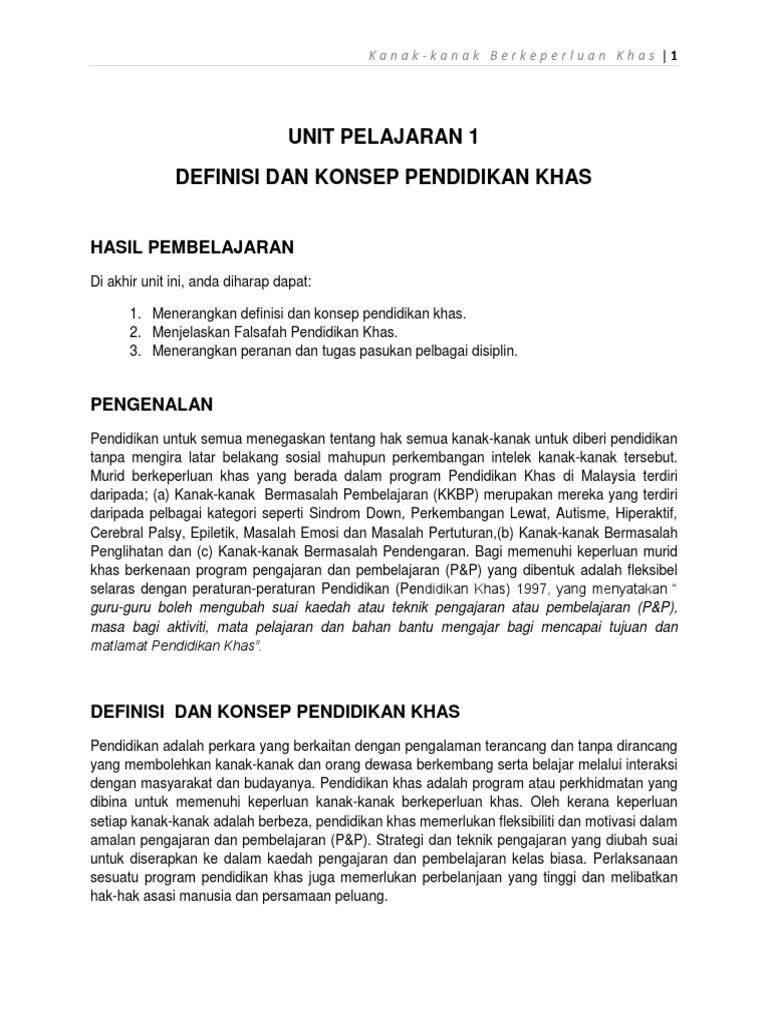 Unit 1 Definisi Dan Konsep Pendidikan Khas PDF | PDF