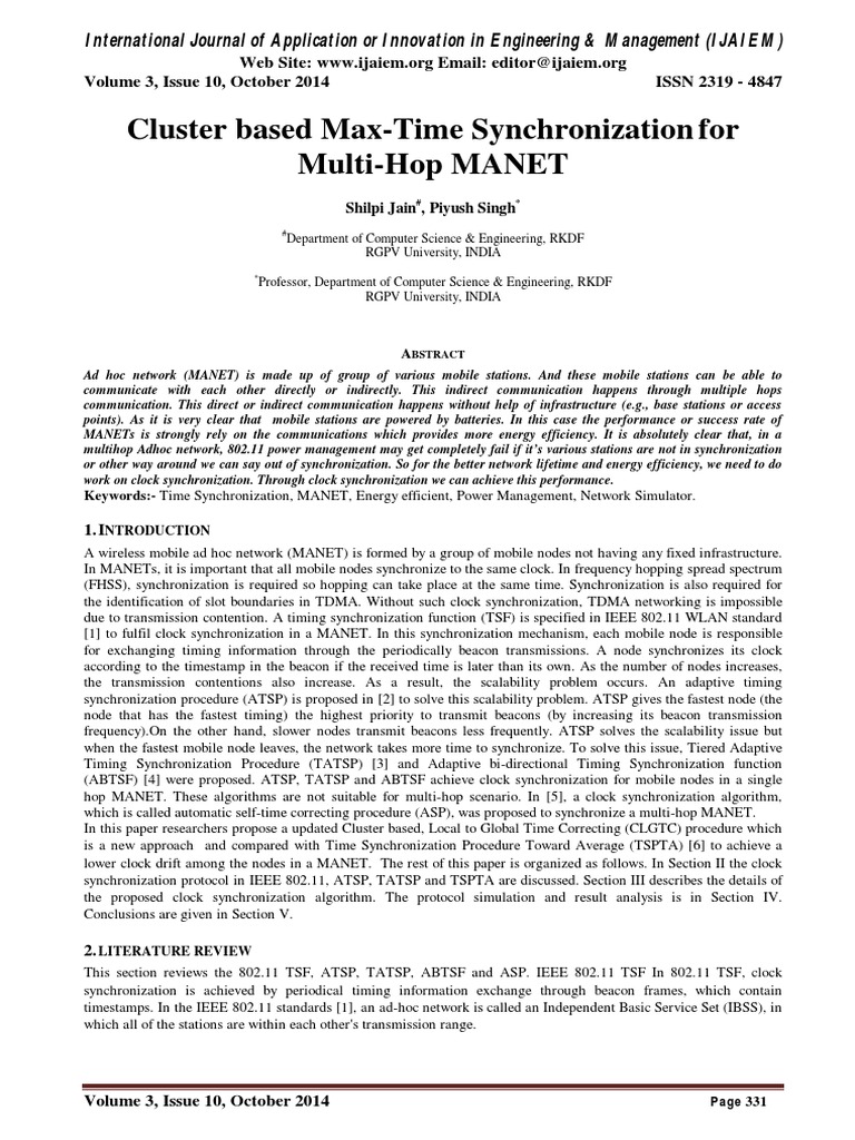 Cluster Based Max-Time Synchronization For Multi-Hop MANET | PDF | Wireless Ad Hoc Network ...