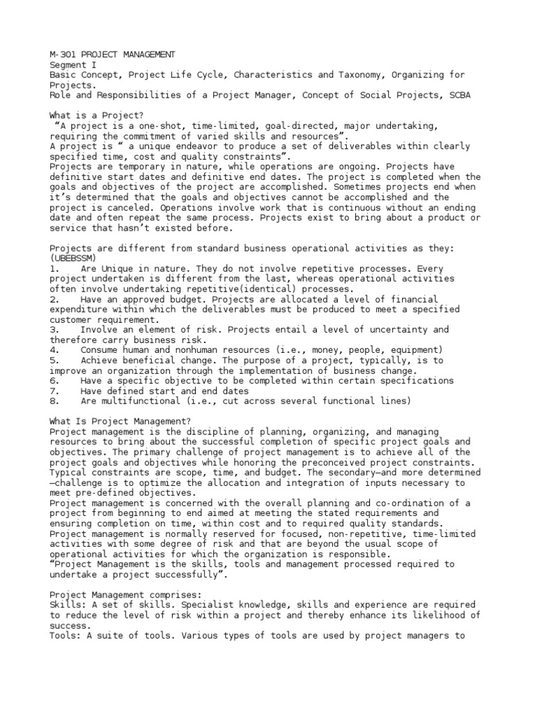 M-301 PROJECT MANAGEMENT Segment I Basic Concept, Project Life Cycle ...