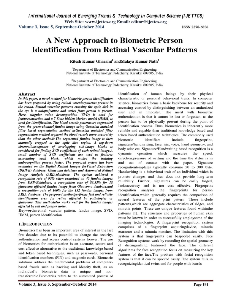 Biometric Identification via Retinal Patterns | PDF | Science ...