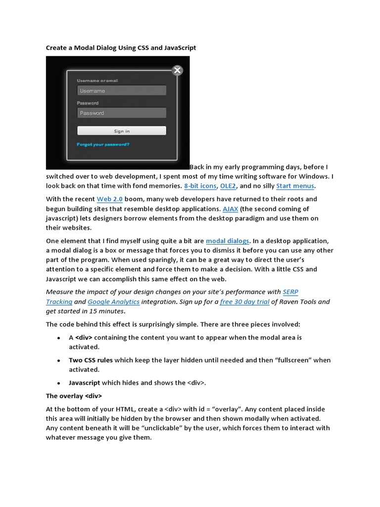 Create A Modal Dialog Using Css And Javascript Pdf Cascading Style Sheets Dialog Box