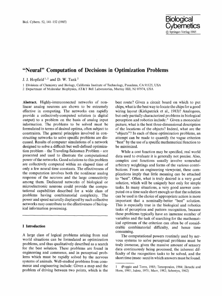 Neural Computation of Decisions in Optimization Problems - 3 | PDF | Inhibitory Postsynaptic ...