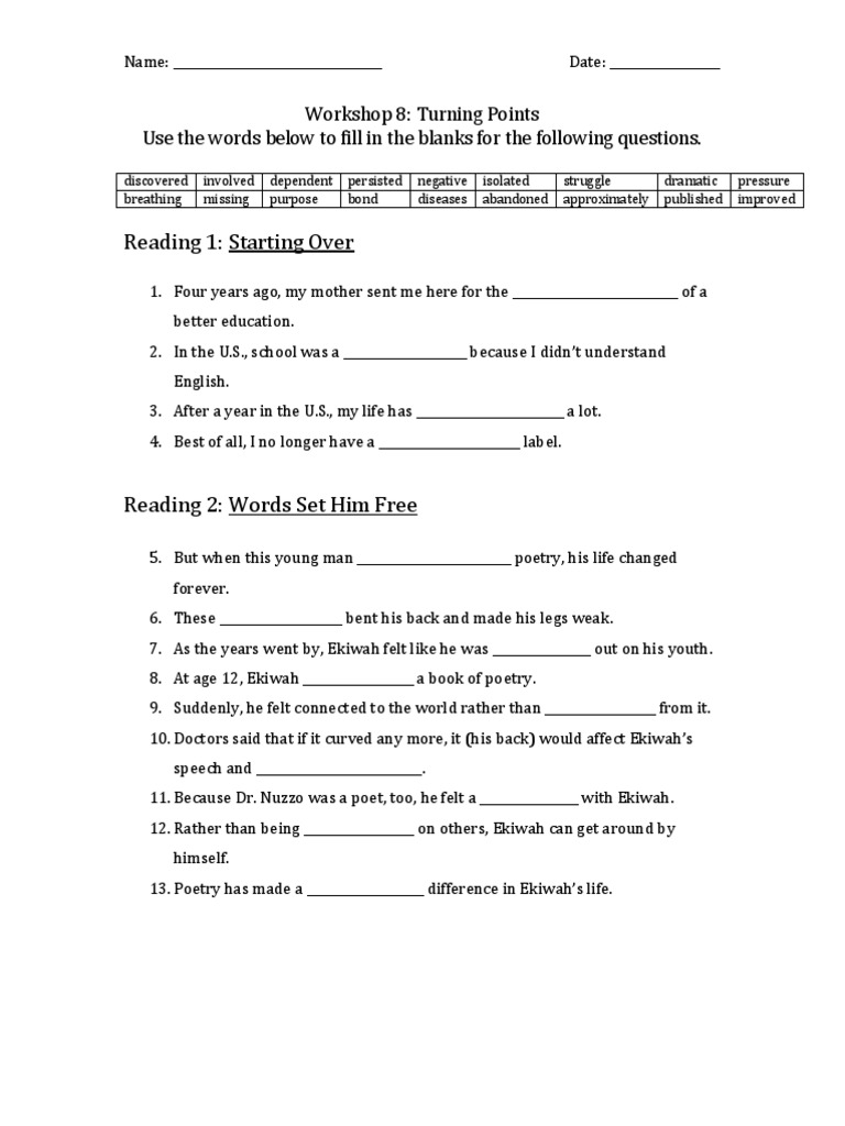 Workshop 8: Turning Points Exercises | PDF | Language Arts & Discipline