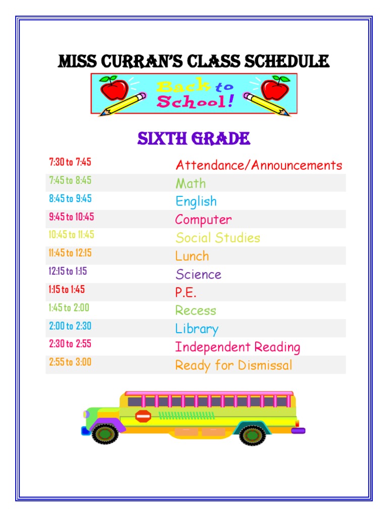 Miss Curran's Sixth Grade Schedule | PDF | Language Arts & Discipline ...