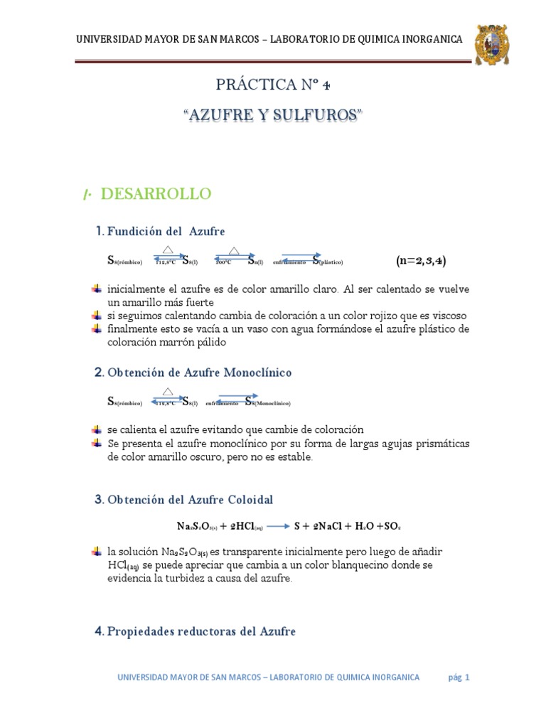 Lab 4 AZUFRE Y SULFUROS | PDF | Azufre | Sólido amorfo