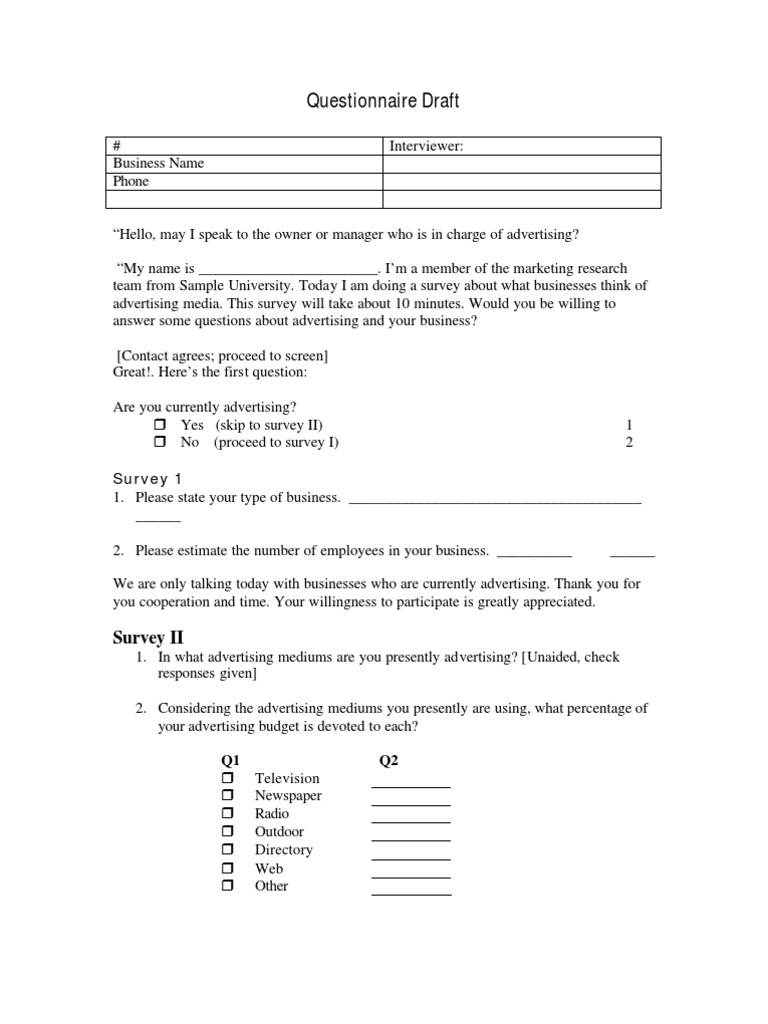 Early Draft Questionnaire | PDF | Business