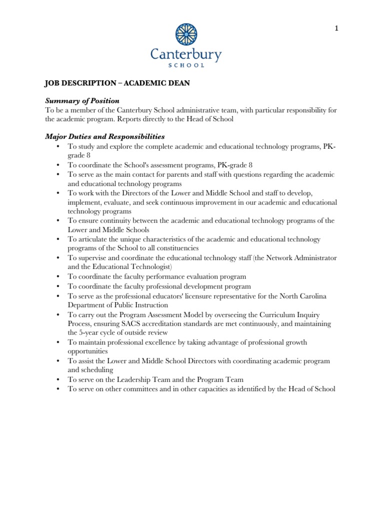 Academic Dean Job Description | PDF | Career & Growth
