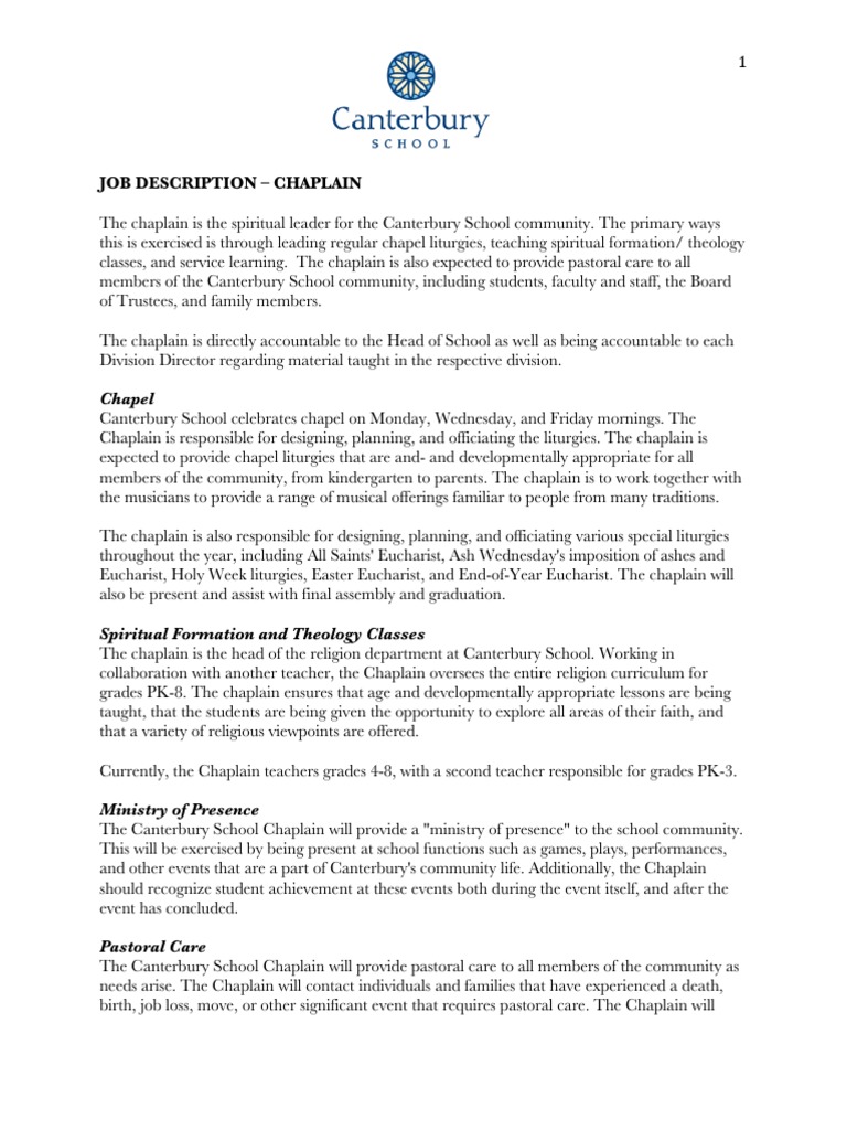 Job Description - Chaplain | PDF | Chaplain | Eucharist
