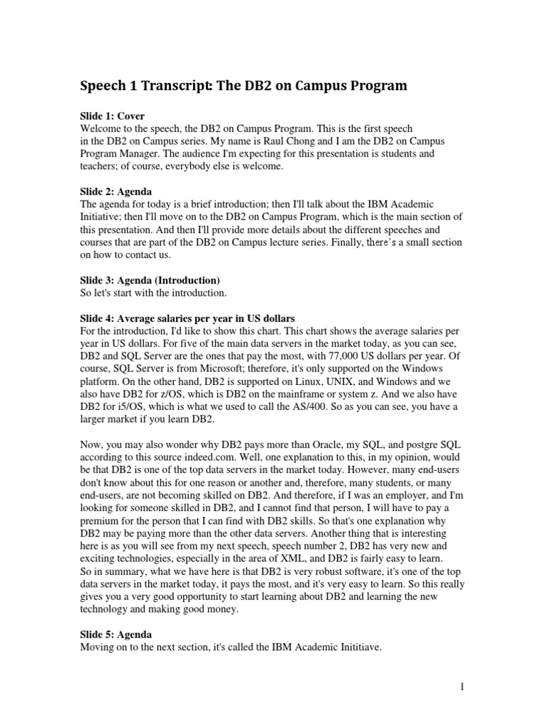 Speech 1 Transcript | PDF | Ibm Db2 | Communication