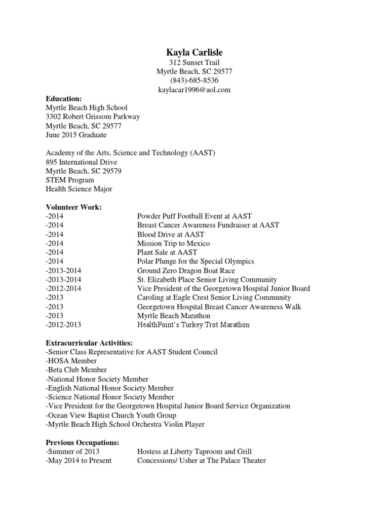 Kayla Carlisle's Education & Volunteer Work | PDF | Wellness | Science ...