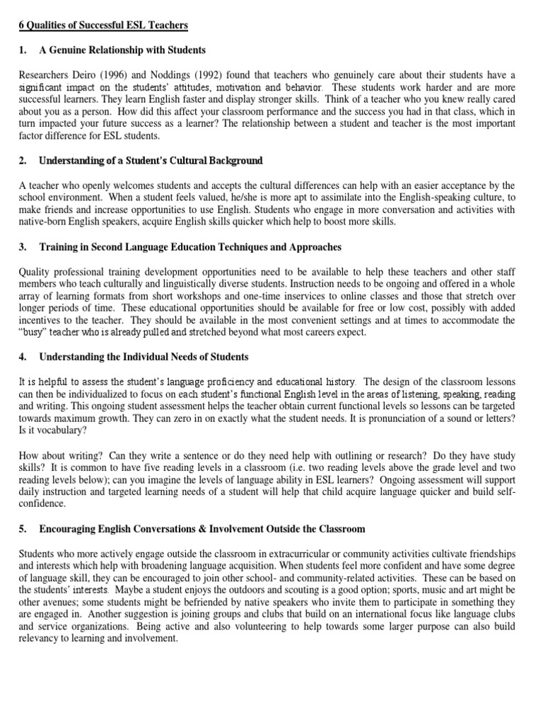 6 Qualities of Successful ESL Teachers | PDF | English As A Second Or ...