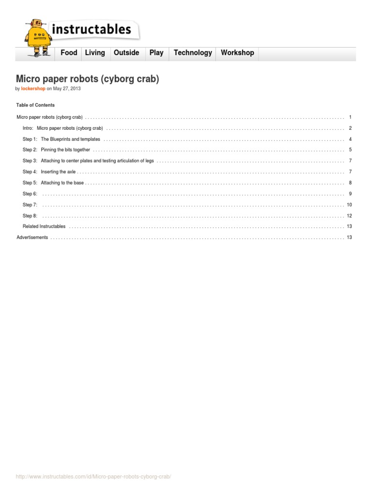 Instructables Micro Paper Robots Cyborg Crab | PDF | Gear | Robot