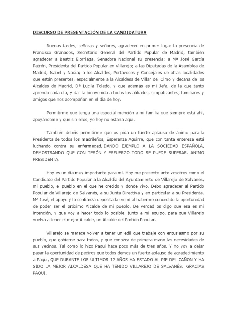 Discurso de Presentación de La Candidatura | PDF