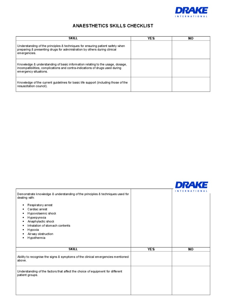 A Comprehensive Skills Checklist for Ensuring Competency in Anaesthesia ...
