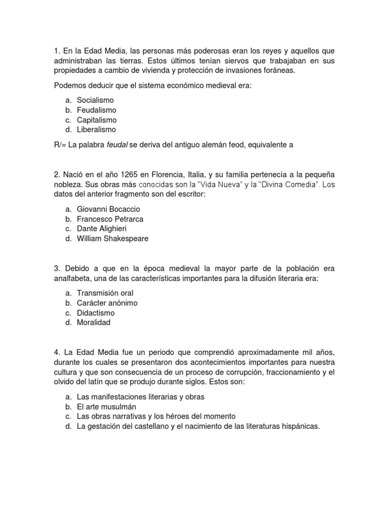 Cuestionario sobre la Edad Media | PDF | Edades medias | Literatura ...