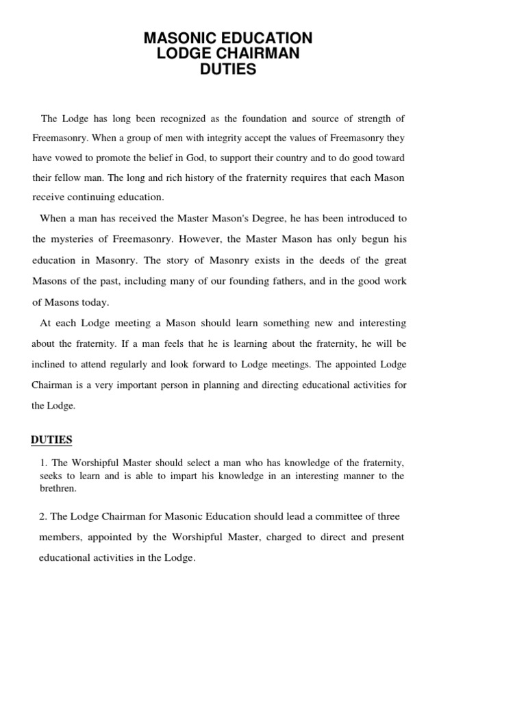 Masonic Education Lodge Chairman Duties | PDF | Freemasonry | Masonic Lodge