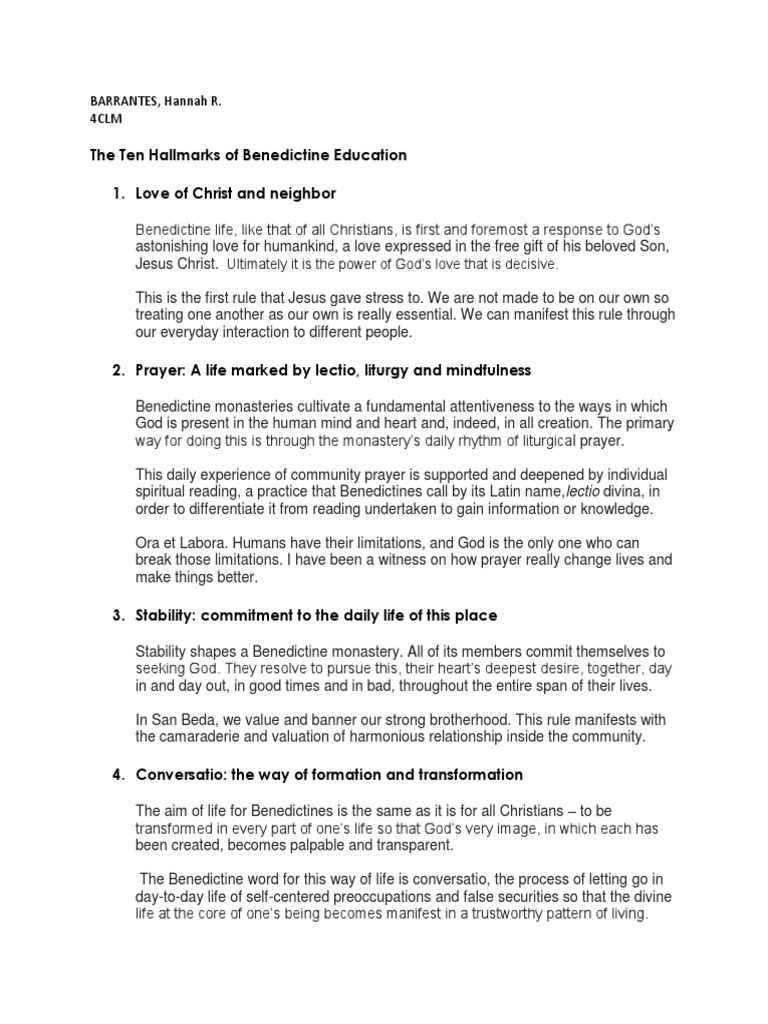 The Ten Hallmarks of Benedictine Education 1. Love of Christ and ...