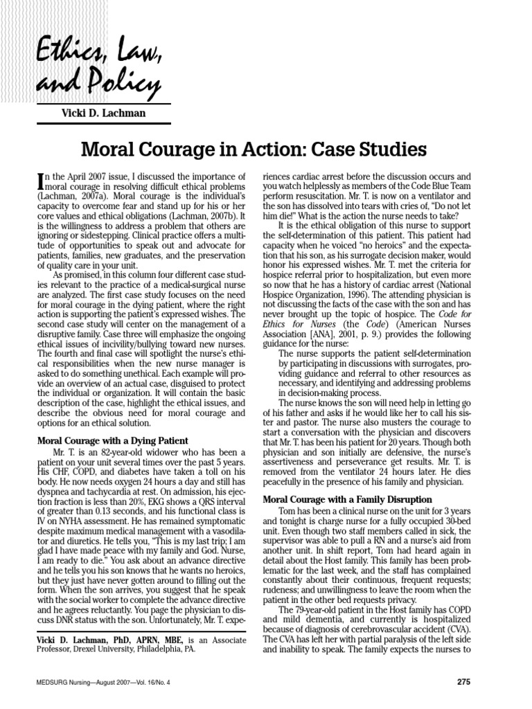 ETHICS NURSING - Moral Courage Case Studies | PDF | Nursing | Bullying