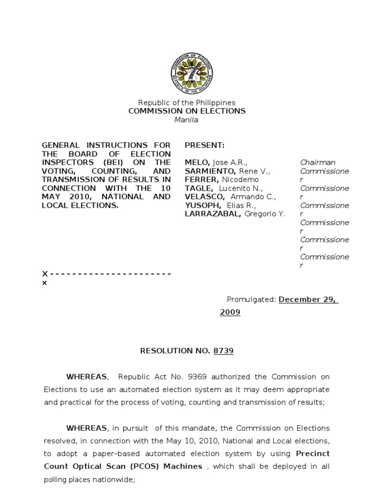 Republic of the Philippines Commission on Elections Manila General ...