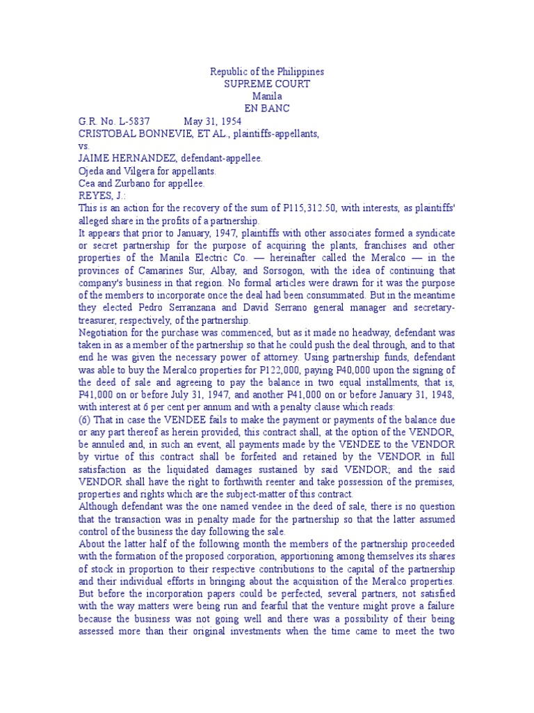 Bonnevie Vs Hernandez Case Digest Dissolution | PDF | Assignment (Law) | Partnership