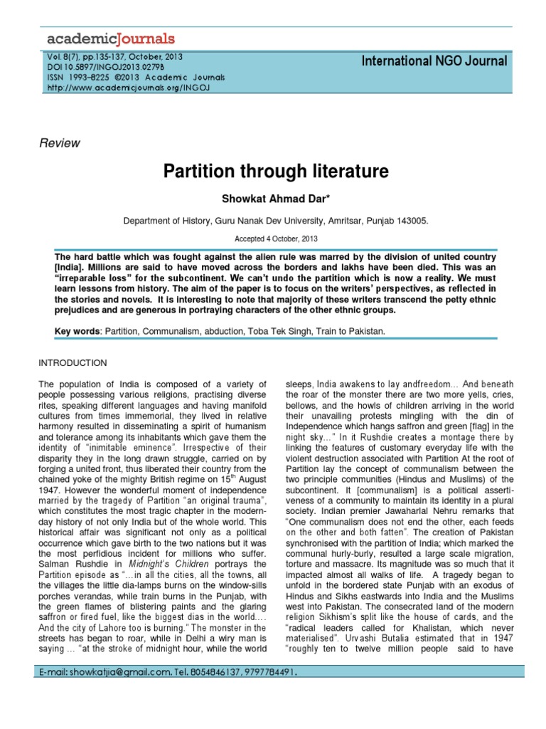 Partition Through Literature | PDF | Partition Of India | Indian ...