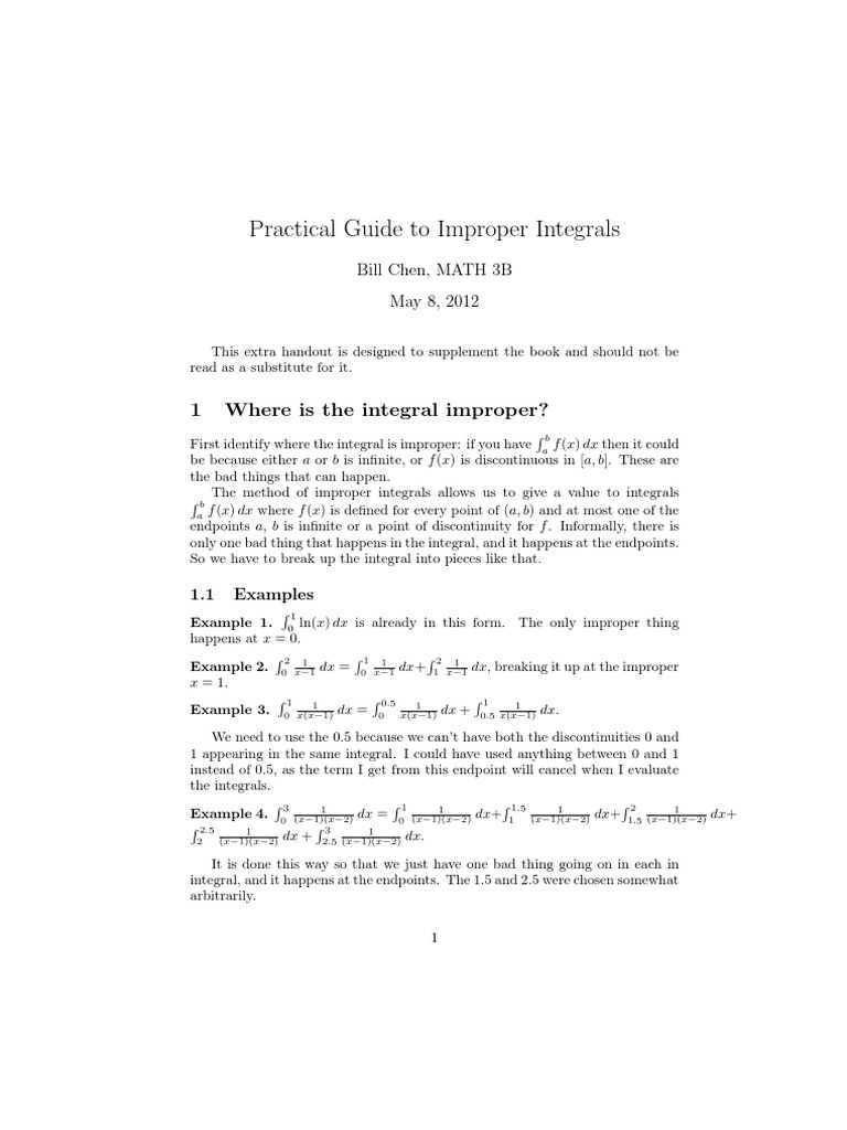 Practical Guide To Improper Integrals: 1 Where Is The Integral Improper? | PDF | Integral ...