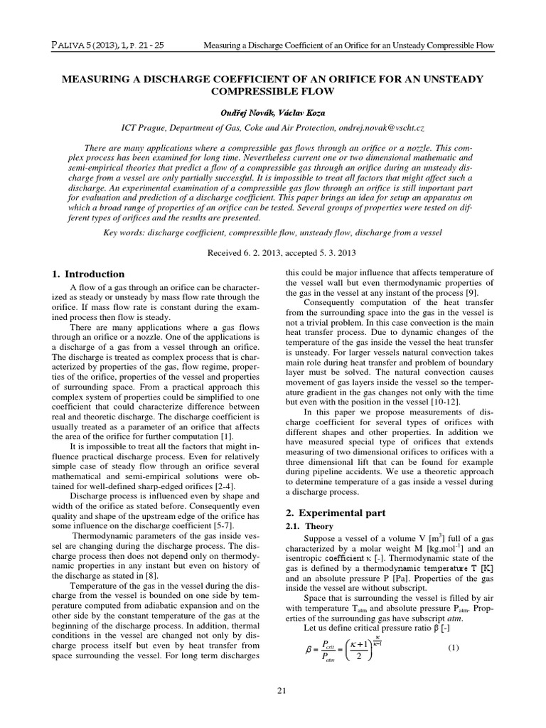 86 Measuring A Discharge Coefficient of An Orifice For An Unsteady Compressible Flow | PDF ...