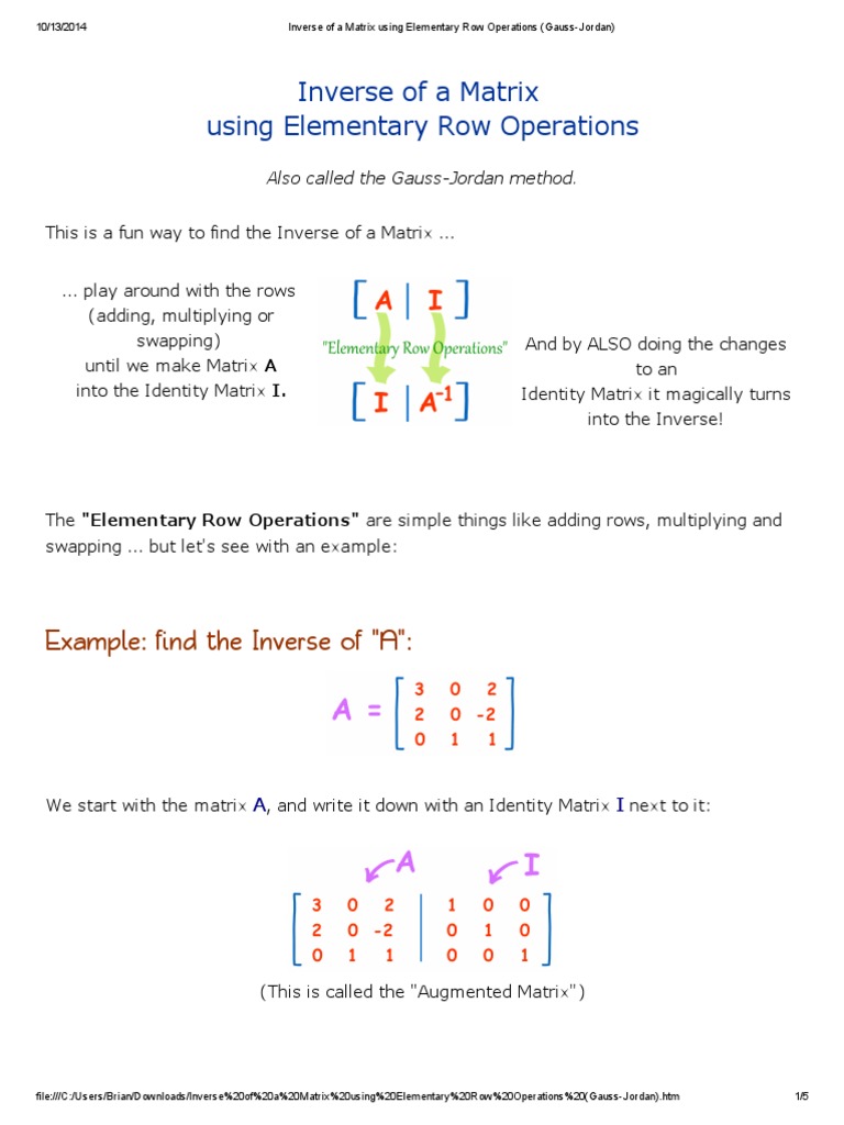 Inverse of A Matrix Using Elementary Row Operations (Gauss-Jordan ...