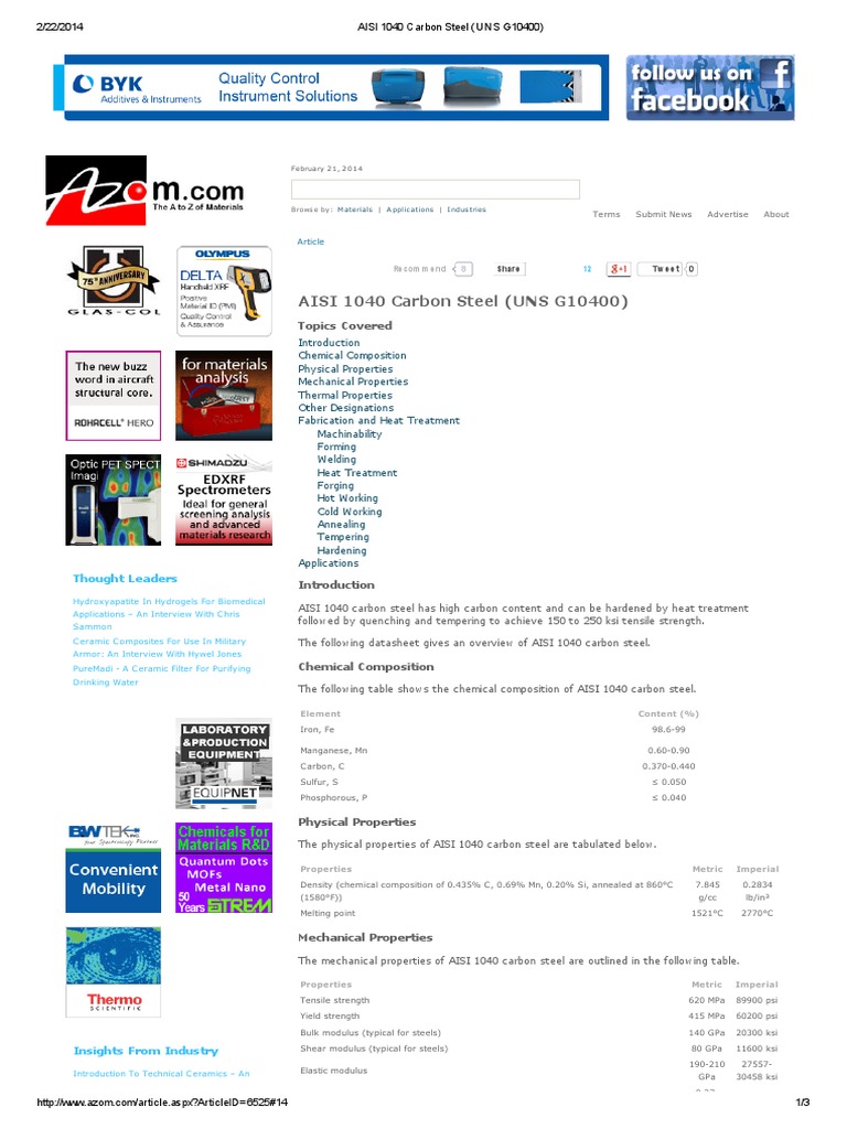 Aisi 1040 Carbon Steel (Uns g10400) | PDF | Steel | Hardness