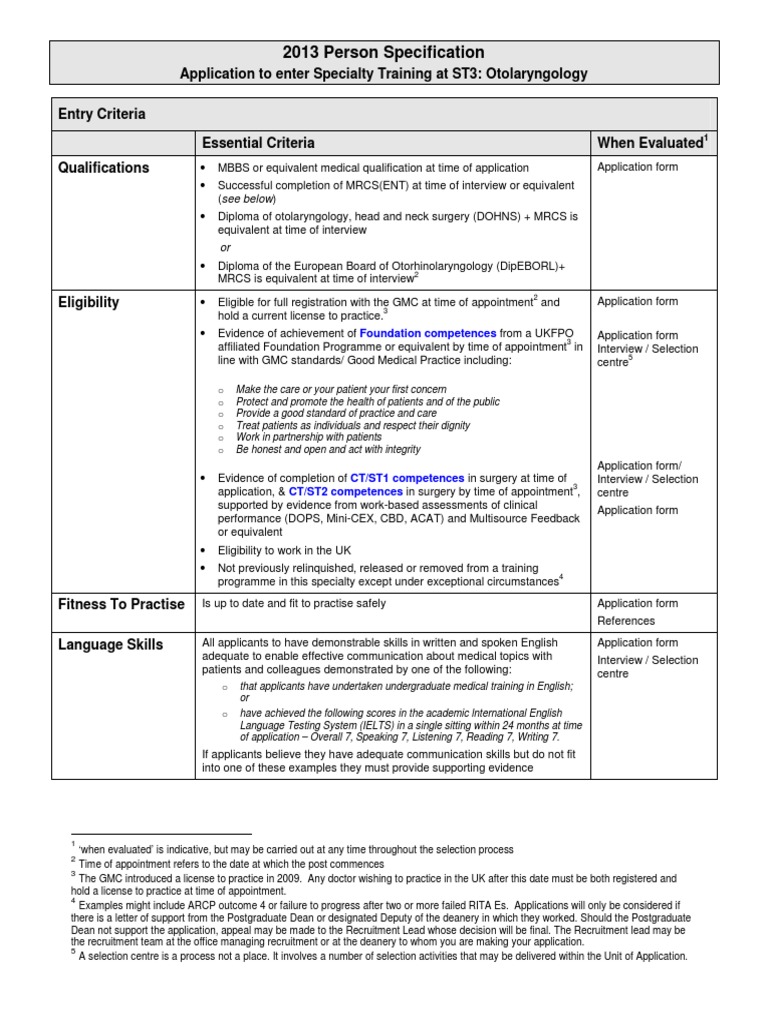 Entry Requirements and Person Specification for Specialty Training in ...