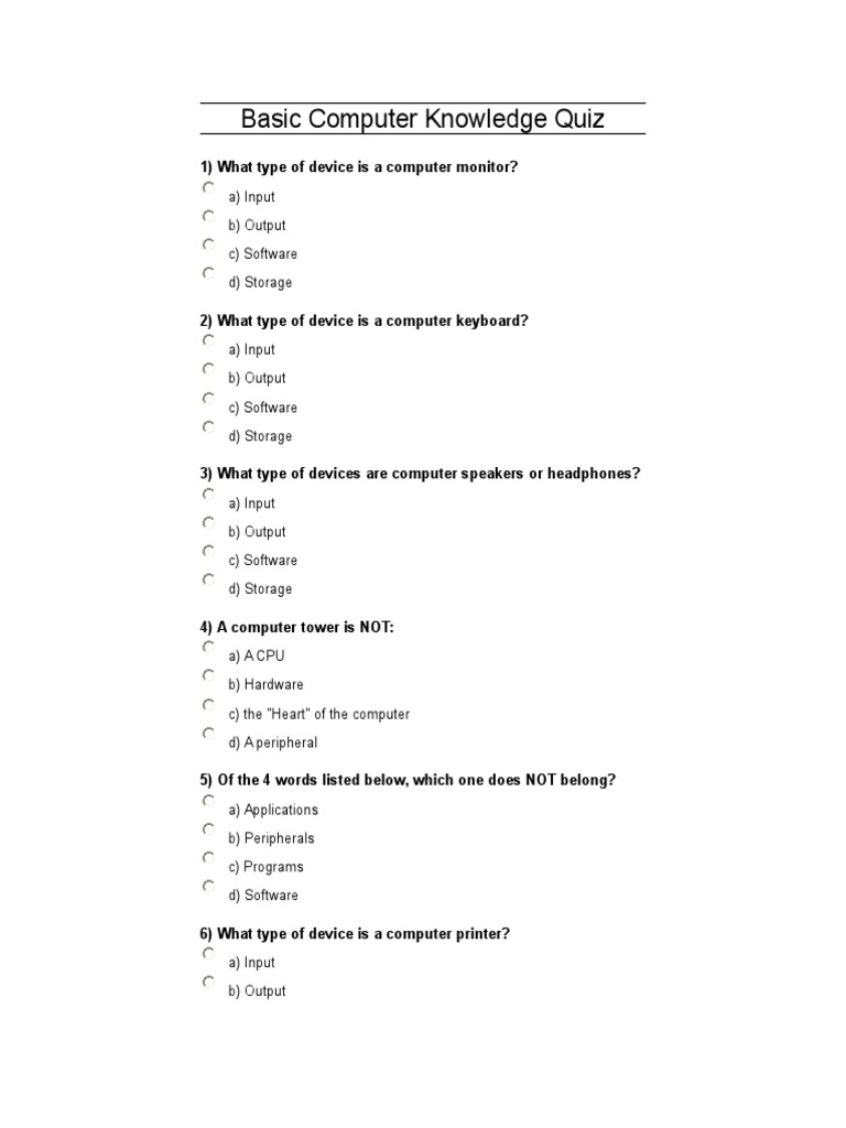 Basic Computer Knowledge Quiz.doc | Input/Output | Computer Hardware