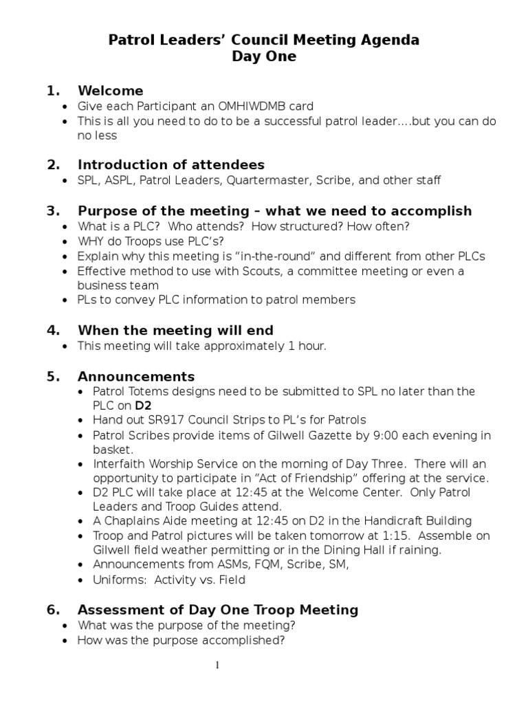 Patrol Leaders' Council Meeting Agenda Day One: 1. Welcome | PDF ...