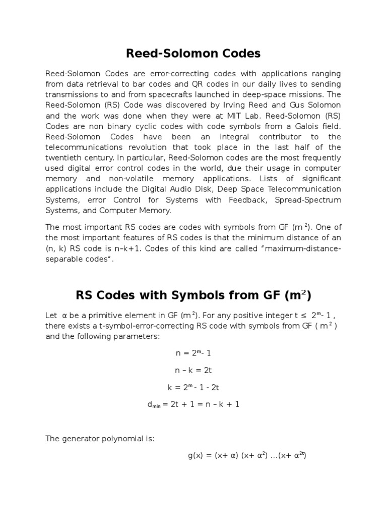 Reed Solomon Codes Pdf Error Detection And Correction Fault Tolerance