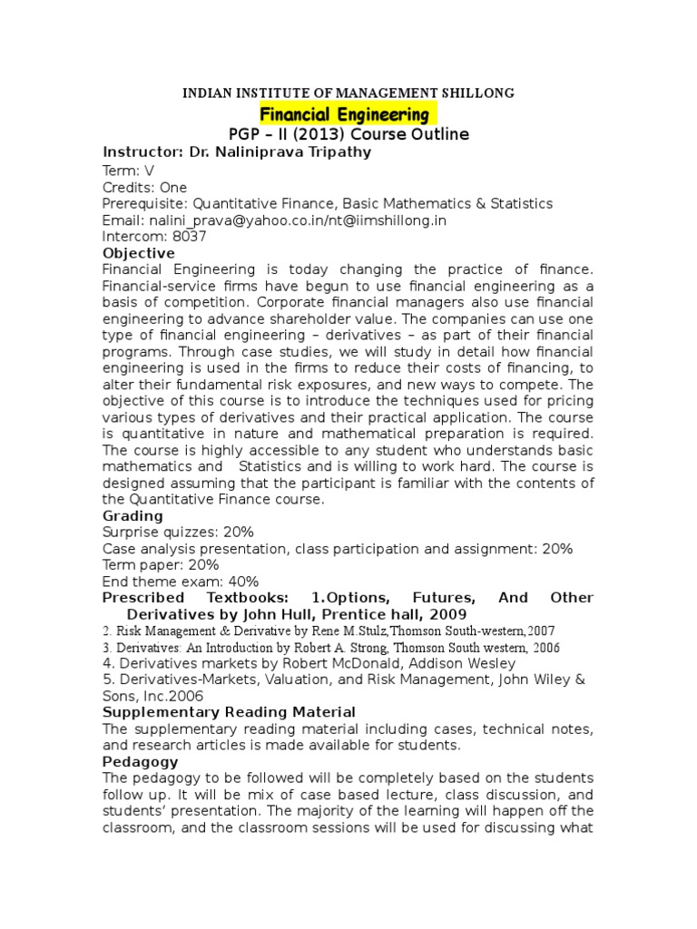 Financial Engineering Course Outline | PDF | Futures Contract | Option ...