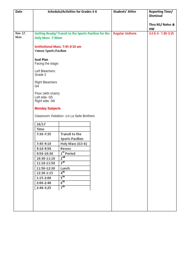 Grades 3-6 Weekly Schedule & Activities | PDF | Sports & Recreation ...