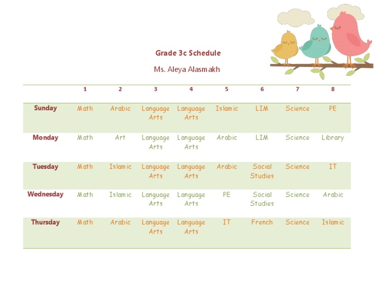 Grade 3c Weekly Class Schedule | PDF | Language Arts & Discipline