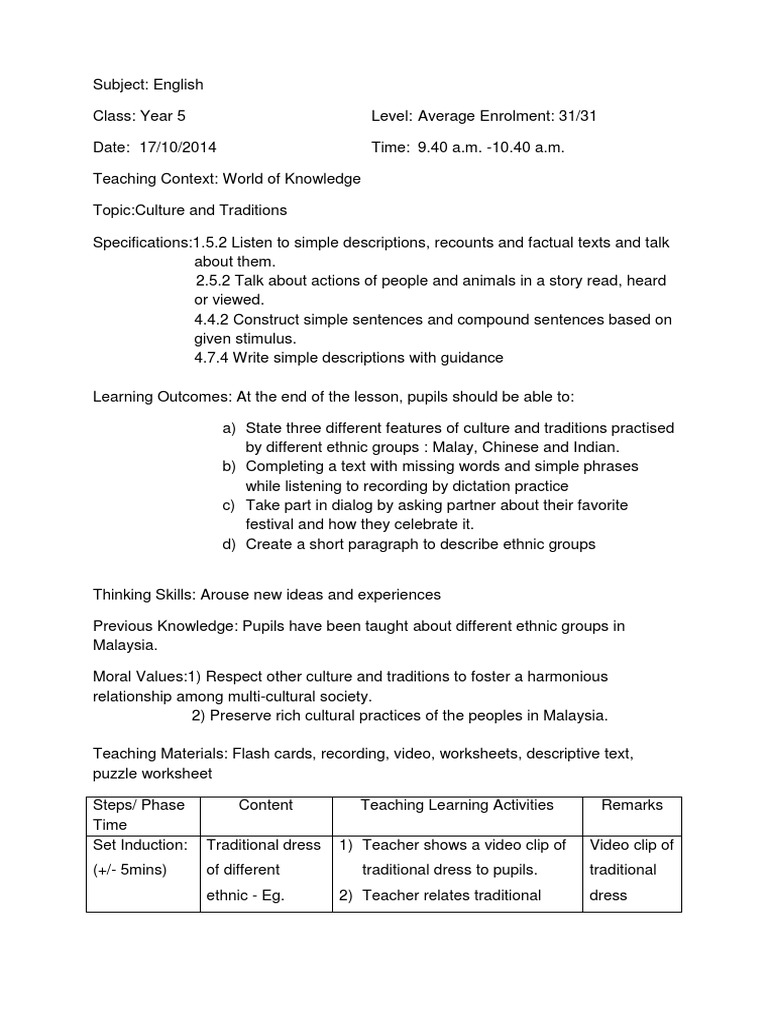 Lesson Plan Year 5 | PDF | Malaysia | Teaching And Learning