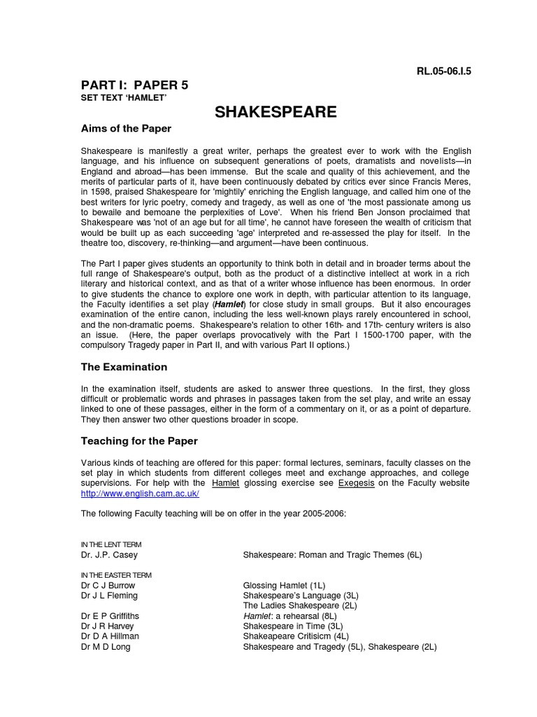 Shakespeare Reading List | PDF | William Shakespeare | Hamlet