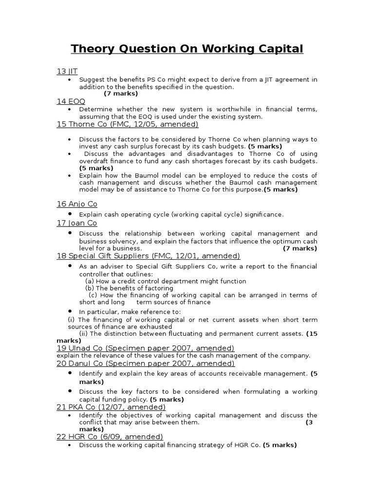 Theory Question On Working Capital | PDF | Working Capital | Capital ...