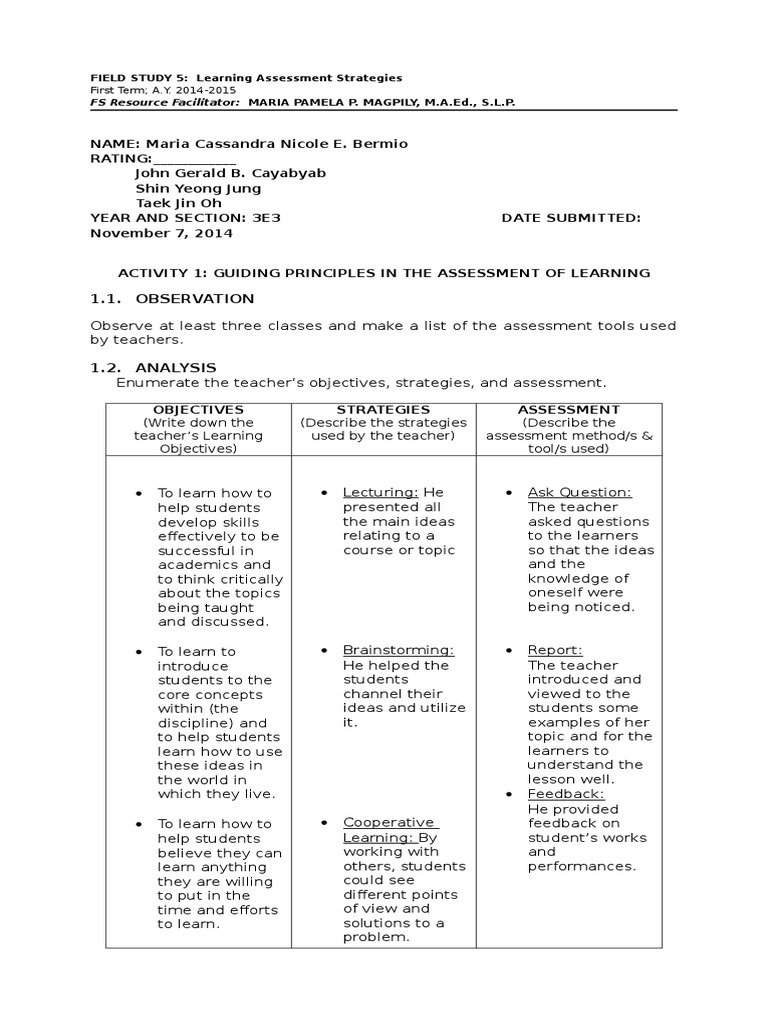 Activity 1 - Field Study 5 | PDF | Educational Assessment | Teachers