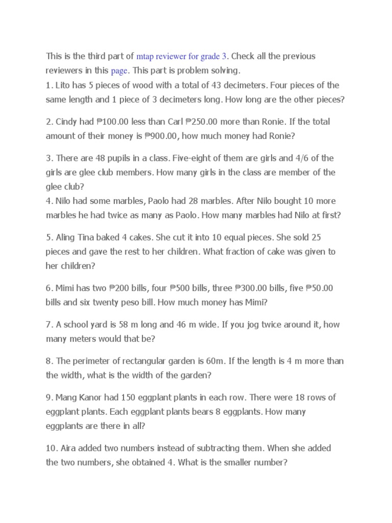 MTAP Grade 3 problem solving practice test part 3 | PDF | Fraction ...