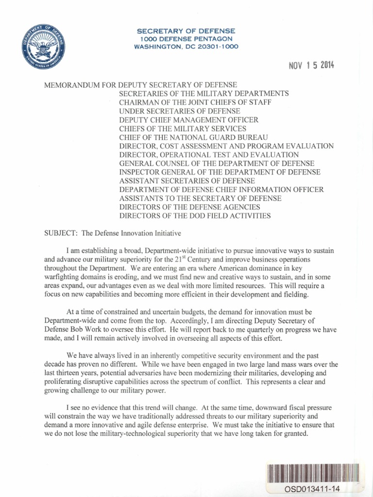 SecDef Hagel Innovation Memo - 2014-11-15 OSD013411-14