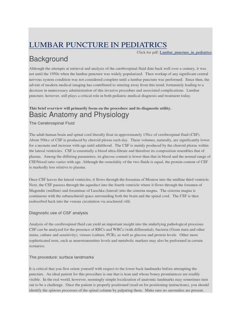 Lumbar Puncture in Pediatrics | PDF | Cerebrospinal Fluid | Neurology