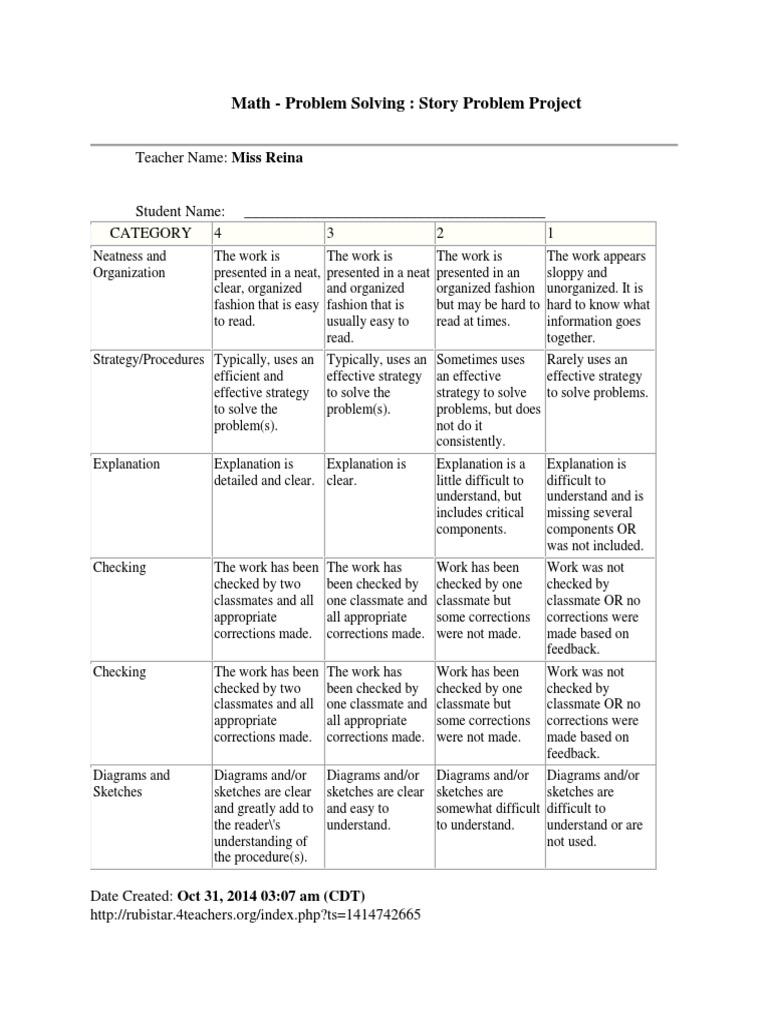 Math Story Problem Project Rubric | PDF