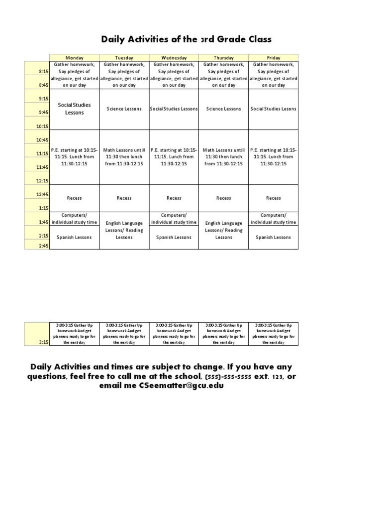 3rd Grade Daily Class Schedule | PDF