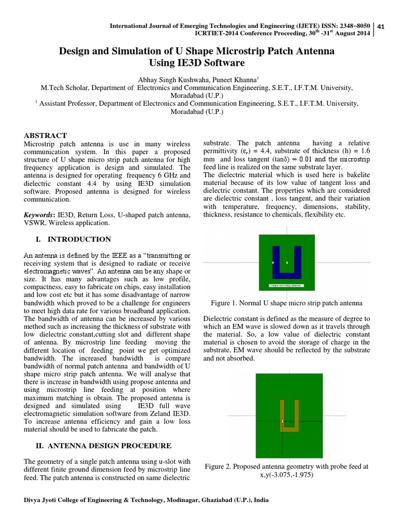 Design and Simulation of U Shape Microstrip Patch Antenna Using IE3D Software | PDF | Antenna ...