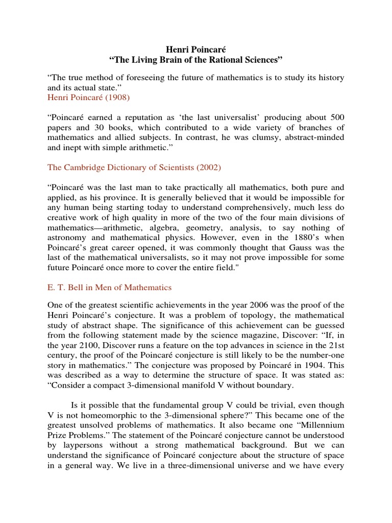 Poincaré's Legacy in Mathematics and Physics | PDF | Conjecture ...